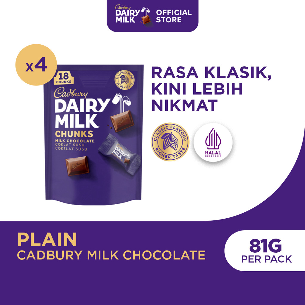 Jual Cadbury Dairy Milk Chunks Sharebag 81g (Paket isi 4), Cokelat Susu ...
