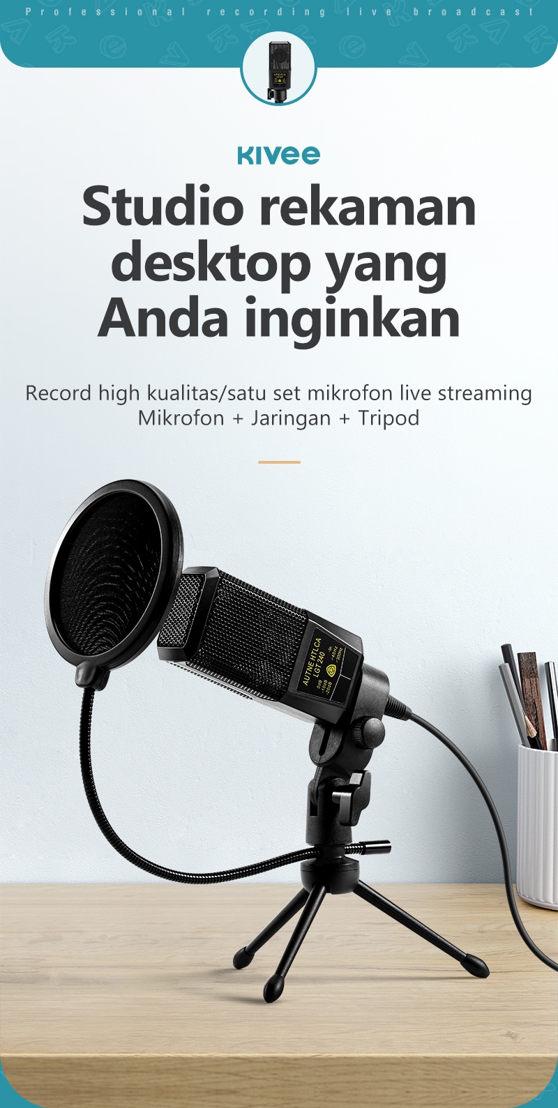 Jual KIVEE Microphone Condenser KV-US19 Tripod Stand & Pop Filter Live ...