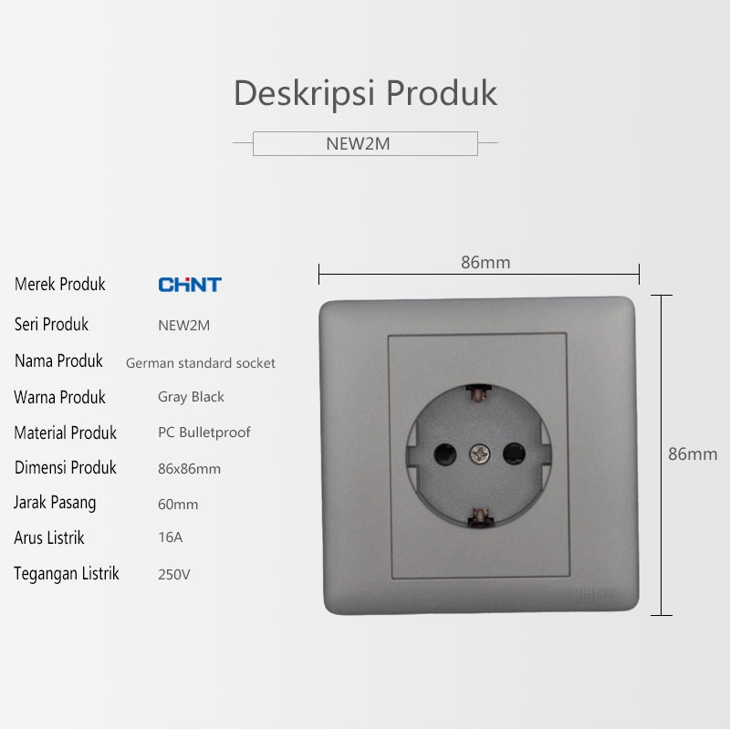 Jual CHINT NEW2M - GRAY BLACK German standard socket 16A 250V / stop ...