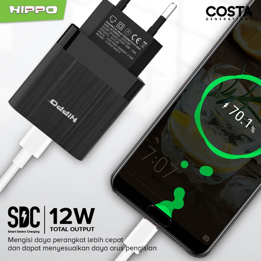 Jual Hippo Adaptor Costa 3 2.4A 2 Port SDC USB Adapter Kepala Casan Colokan Charger Charging ...