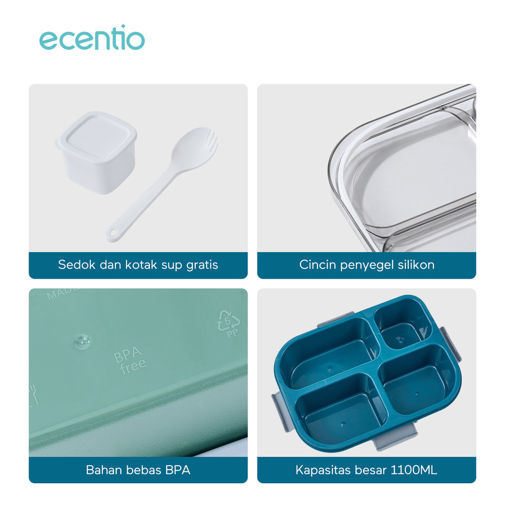 Jual 【BPA FREE】ecentio 1100ml 4 Grid kotak makan kotak bekal anti tumpah lunch box anti tumpah ...