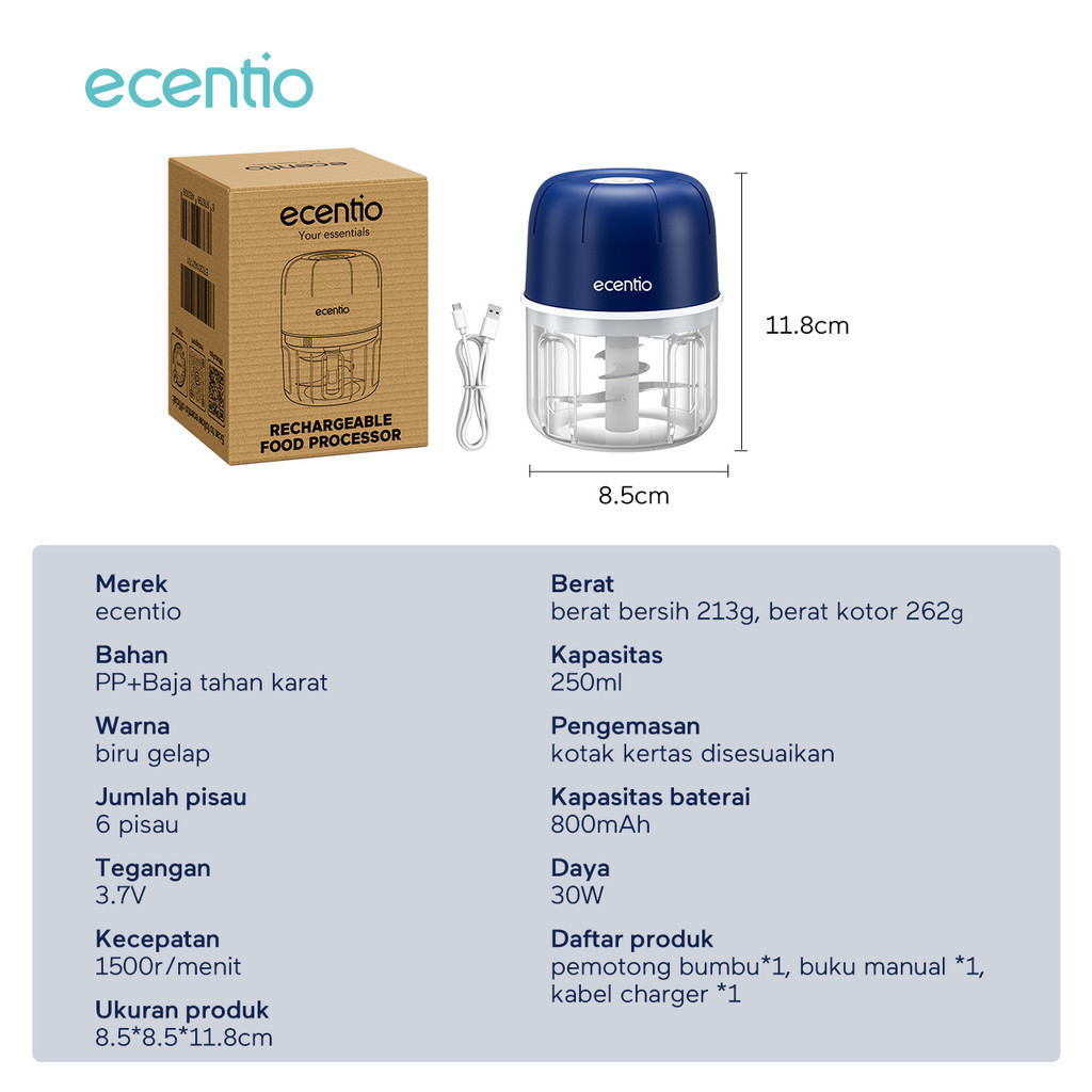Jual ecentio Mini Chopper Blender 6 pisau 250ml Portable Penggiling ...
