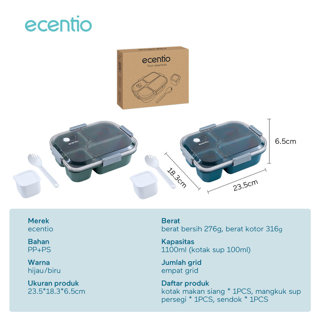 Jual 【BPA FREE】ecentio 1100ml 4 Grid kotak makan kotak bekal anti tumpah lunch box anti tumpah ...