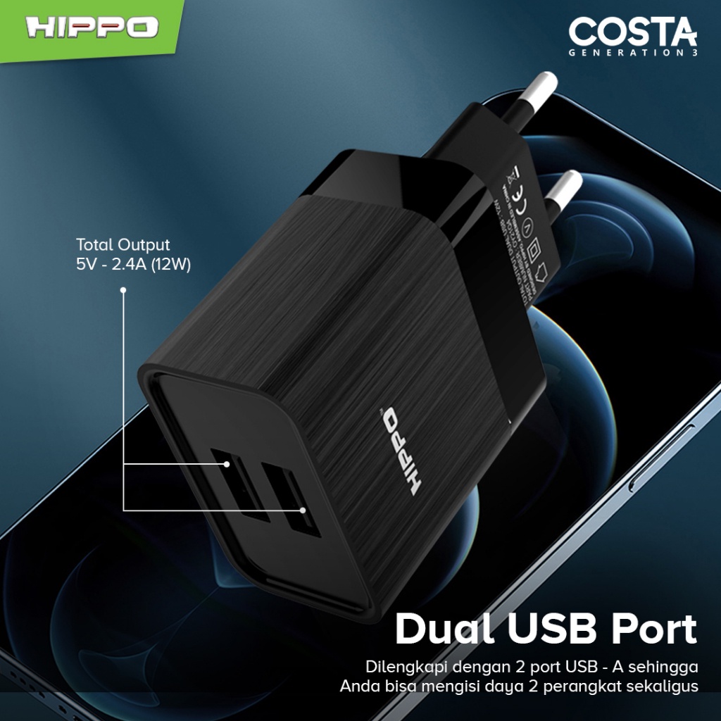 Jual Hippo Adaptor Costa 3 2.4A 2 Port SDC USB Adapter Kepala Casan Colokan Charger Charging ...