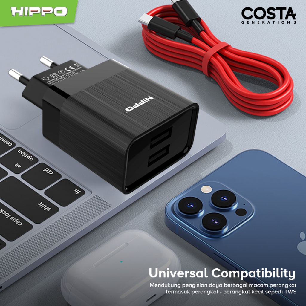Jual Hippo Adaptor Costa 3 2.4A 2 Port SDC USB Adapter Kepala Casan Colokan Charger Charging ...