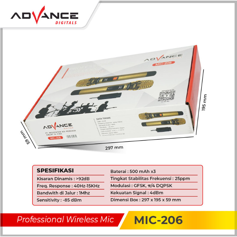 Jual ADVANCE Professional Microphone MIC-206 Mic Wireless Mikrofon ...