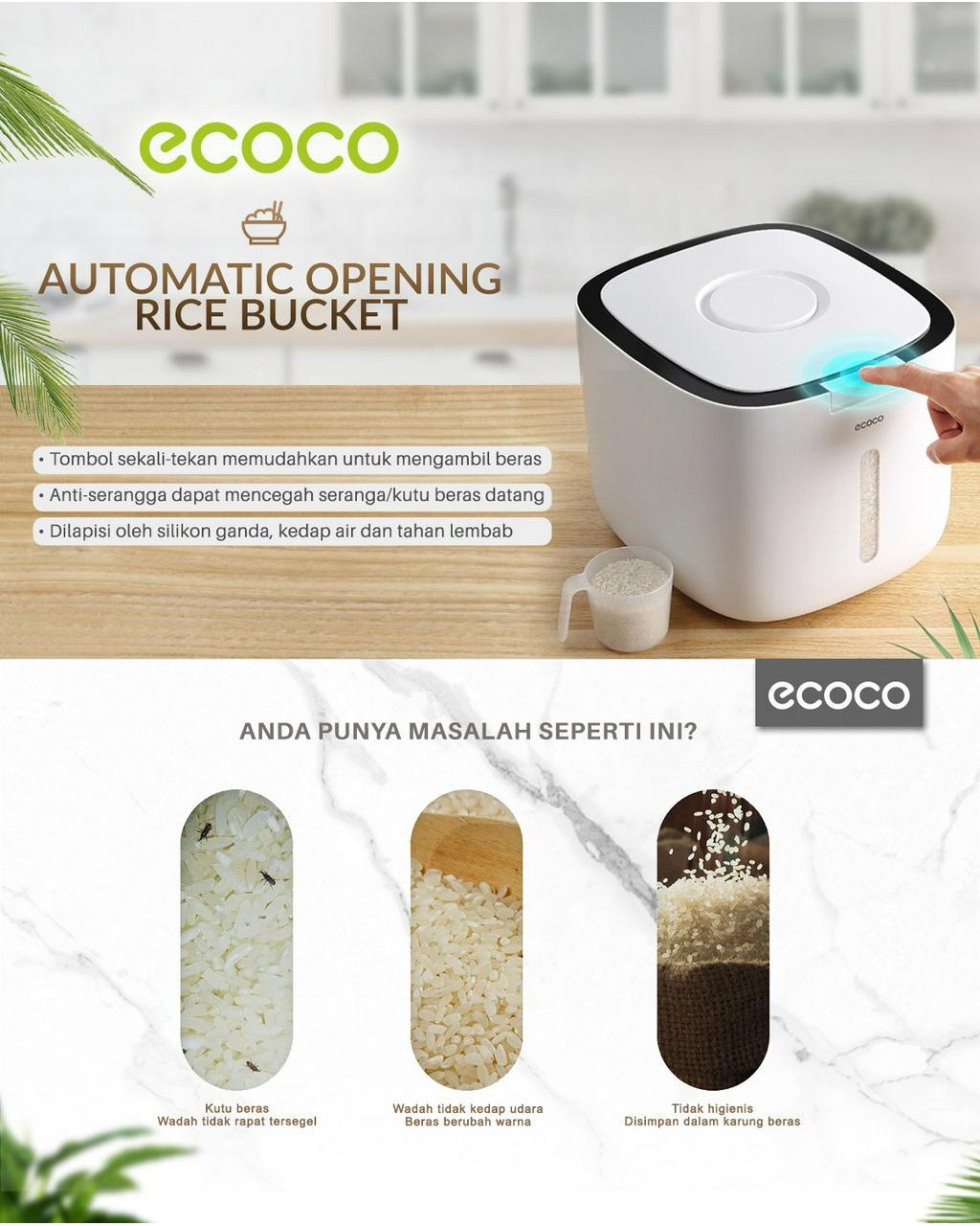 Jual ECOCO Automatic Opening Rice Bucket - Tempat kontainer beras anti ...