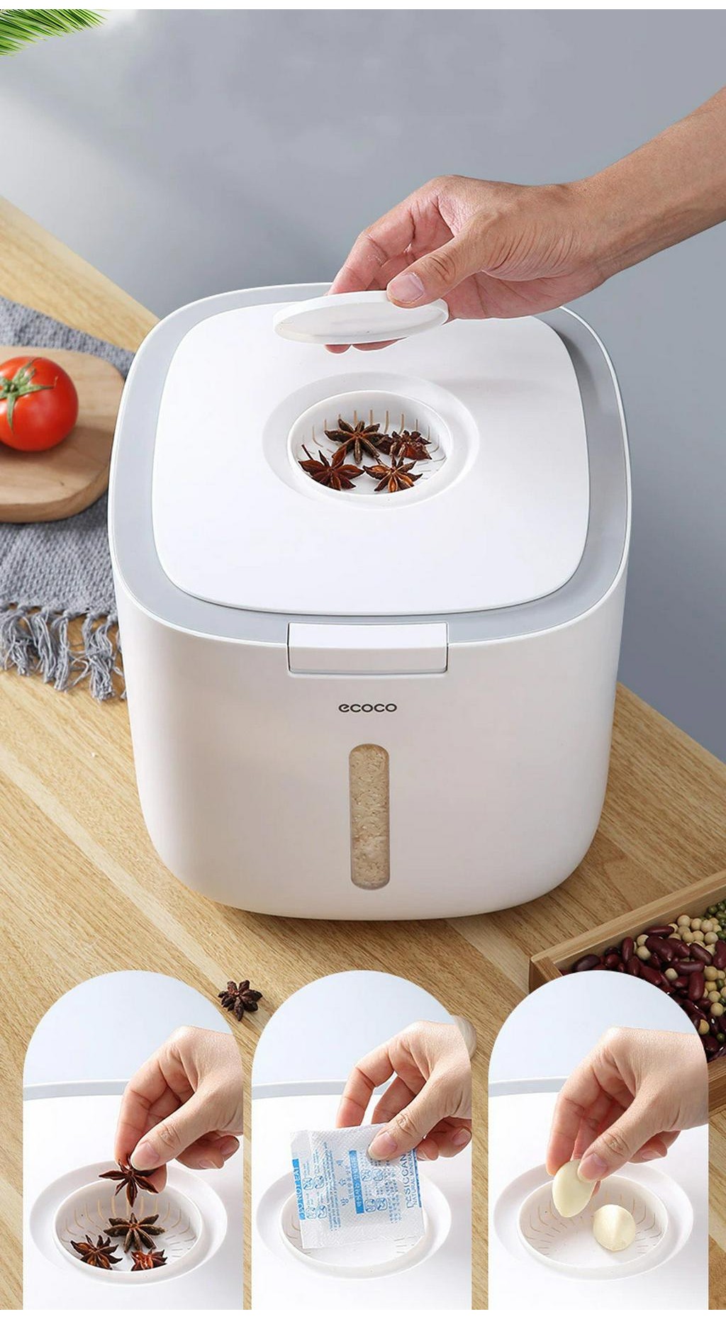 Jual ECOCO Automatic Opening Rice Bucket - Tempat kontainer beras anti ...