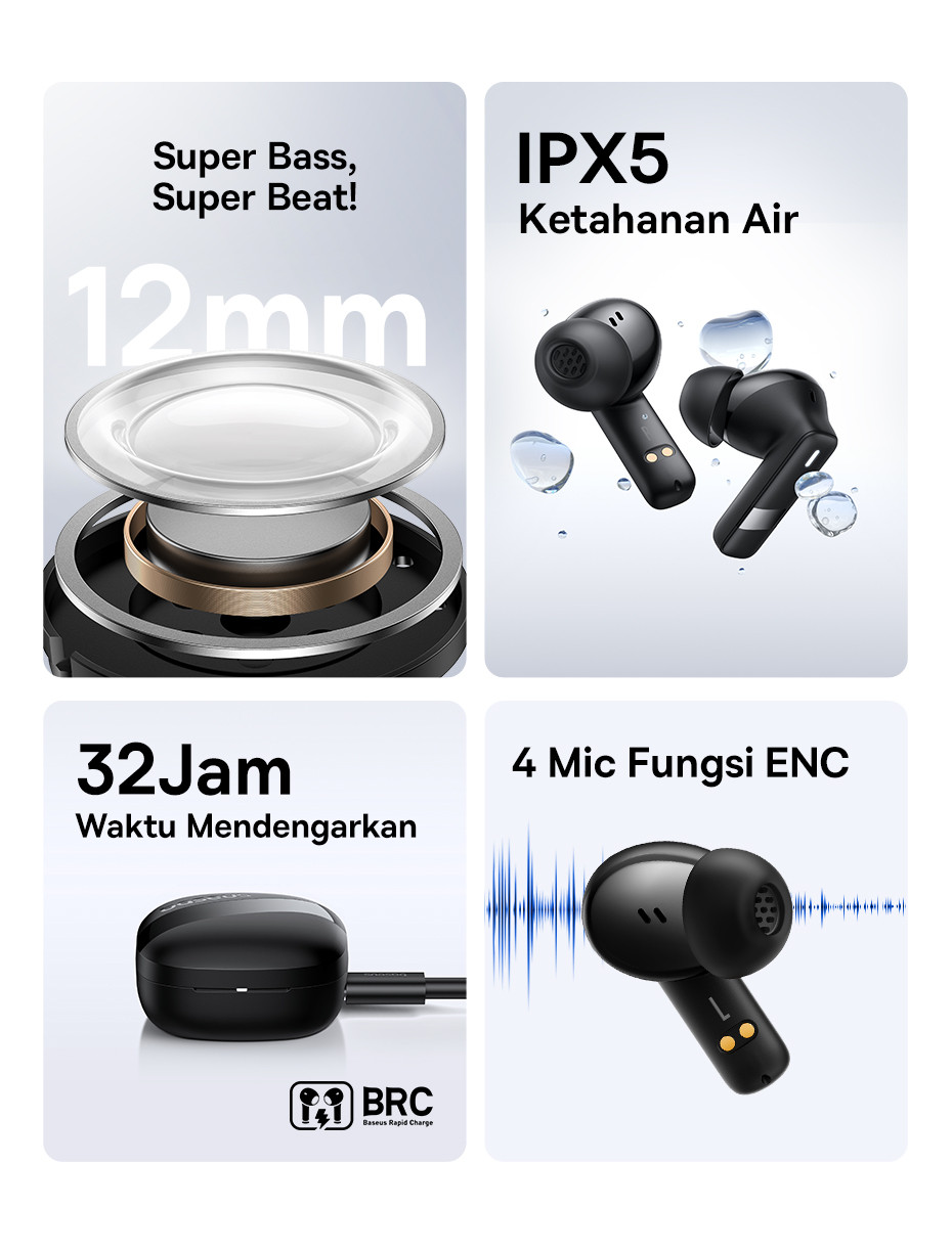 Jual Baseus Bowie E20s IPX5 ENC TWS Headset Bluetooth Earphone Call ...