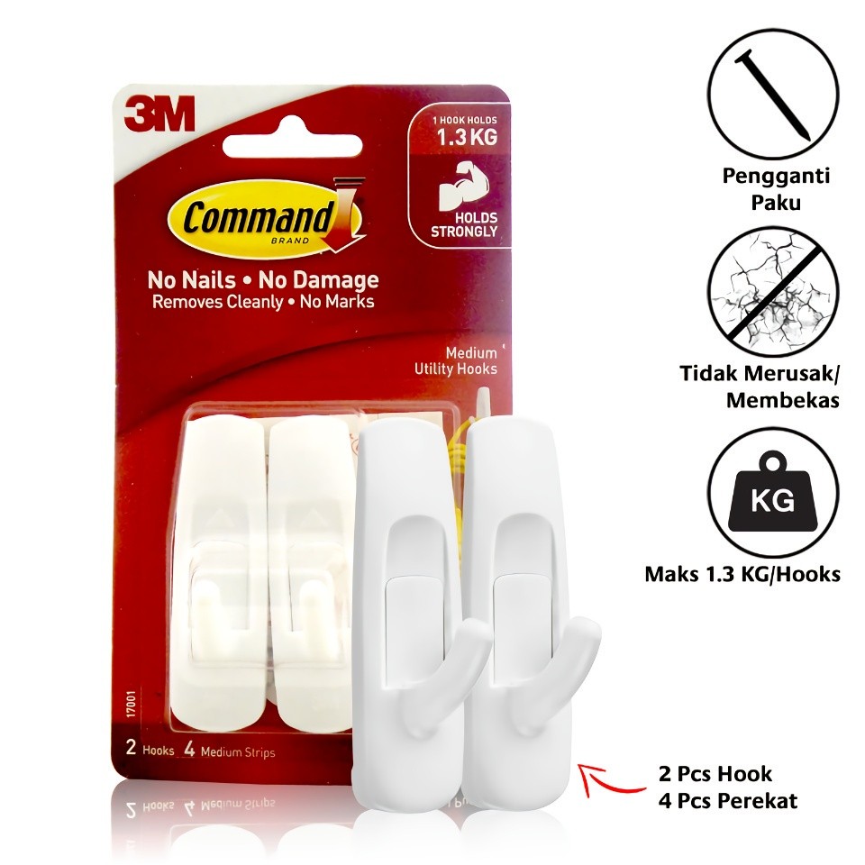 Jual 3M™ Command™ Medium Utility Hook, 17001, Menahan hingga 1.3kg, 1 pak, Medium, Untuk ...