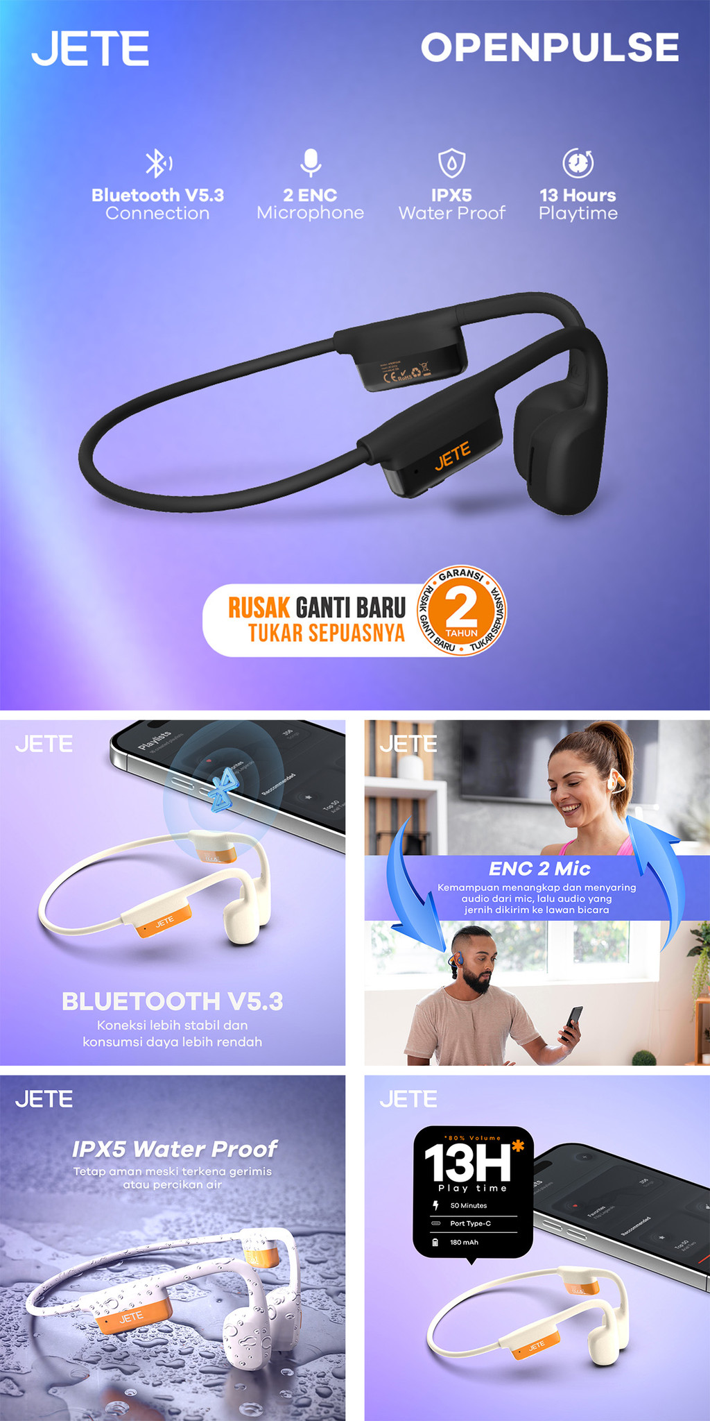 Jual JETE Headset Open Pulse Running Open Ear Enc 2 With Mic Air Conduction IPX5 Sweatproof ...