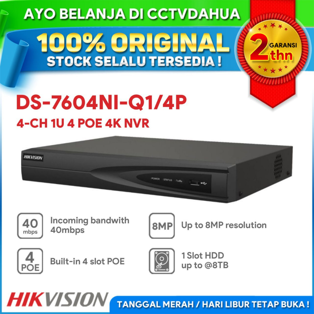 Jual HIKVISION DS-7604NI-Q1/4P NVR 4 CH 1U 4K 4 PORT POE BERGARANSI RESMI | Shopee Indonesia