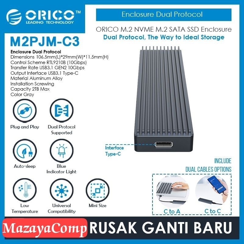 Jual Orico M2PJM-C3 Dual Protokol SSD M2 Sata & NVME Enclosure Casing ...