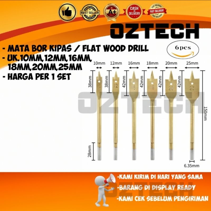 Jual Mata bor kipas / flat wood drill set /bor lingkaran kayu set 6 pcs ...