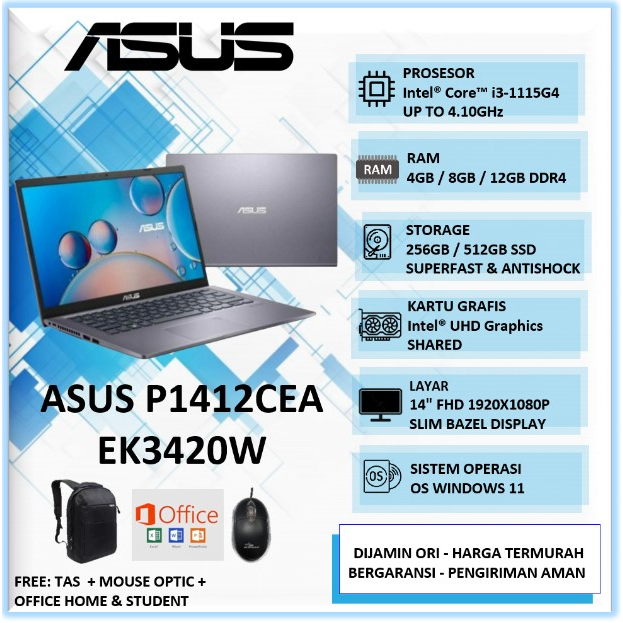 Jual Laptop Asus P1412CEA Intel Core i3 Ram 4GB 8GB 12GB SSD 256GB ...