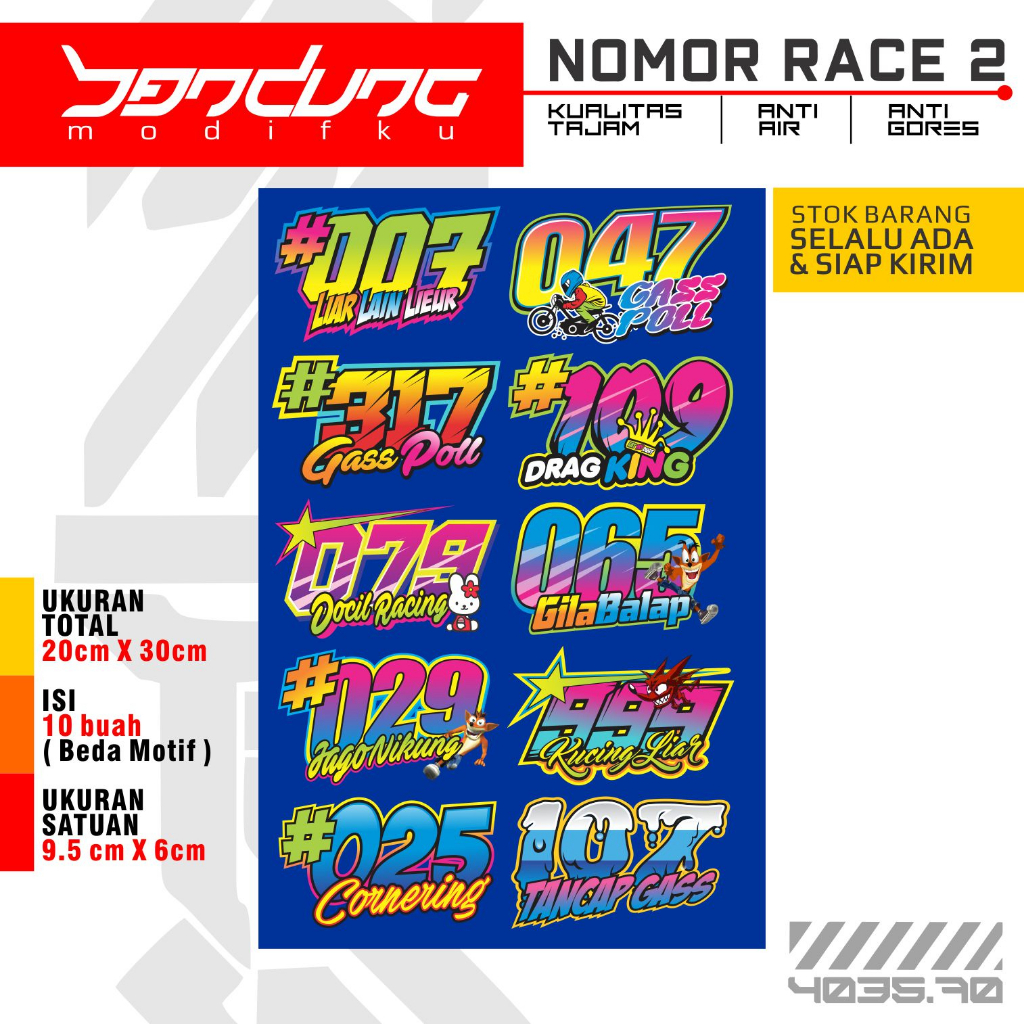 Jual Stiker Decal Set / Pack1Set Isi 10 Motif nomor Race 2 | Shopee ...