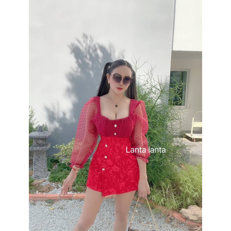 Jual Jumpsuit merah tangan tile panjang brokat bawah kancing mati depan ...