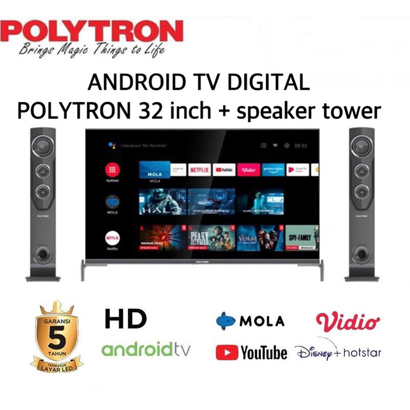 Jual Android TV Digital + speaker tower 32 inch Polytron Smart TV 32TAG5959. Garansi 5 tahun ...