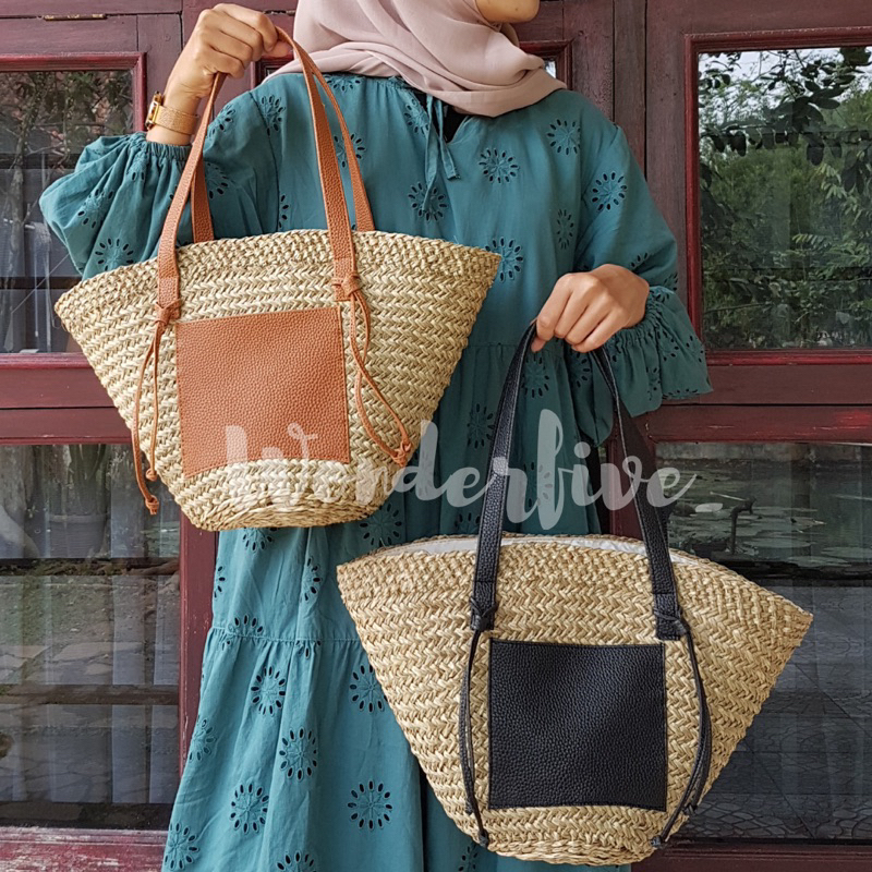Jual Tas Anyaman Kerajinan Pandan Mendong Handle Vinyl Kulit Size M ...