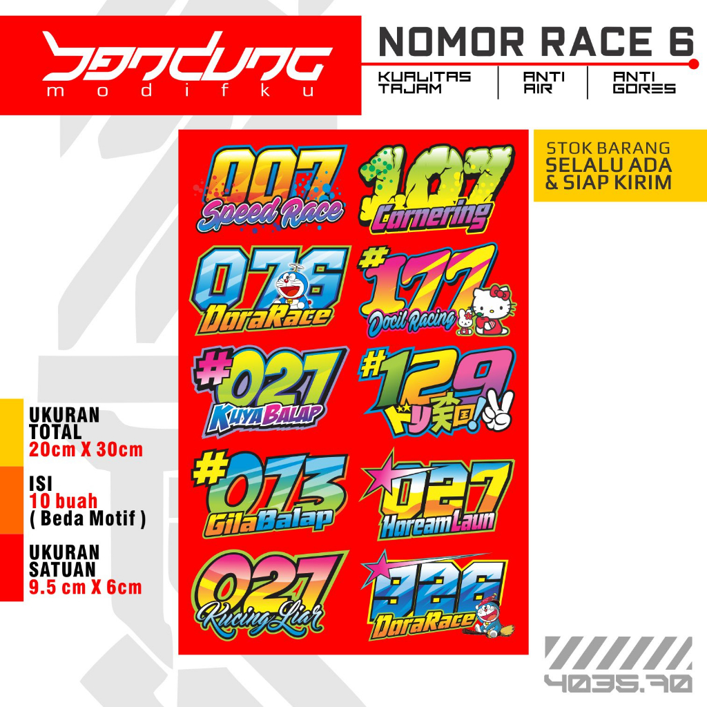 Jual Stiker Decal Set / Pack1Set Isi 10 Motif nomor Race 6 | Shopee ...