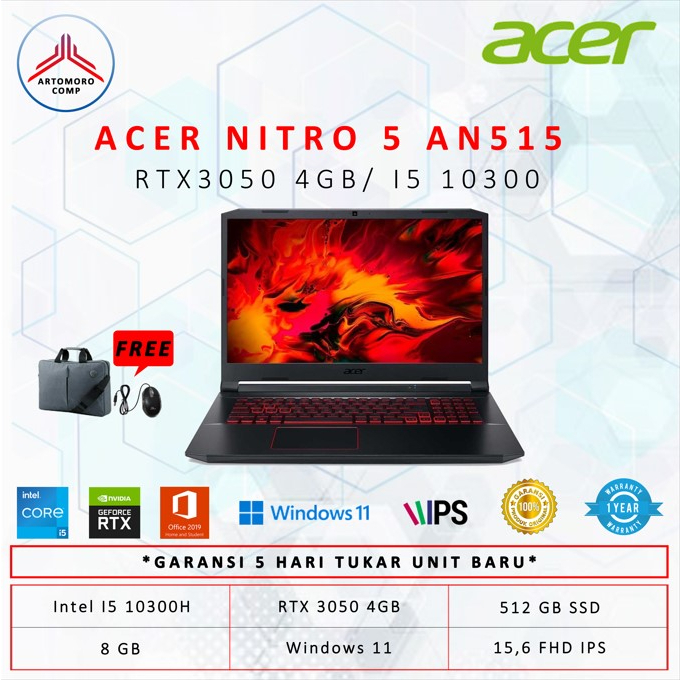 Jual ACER NITRO 5 AN515 RTX3050 4GB I5 10300 8GB 512SSD W11 15.6FHD ...