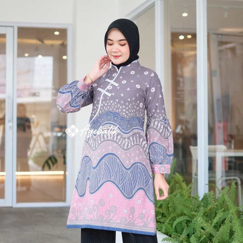Jual Tunik Batik Wanita Motif Ombak Abu [AGE0010] | Shopee Indonesia