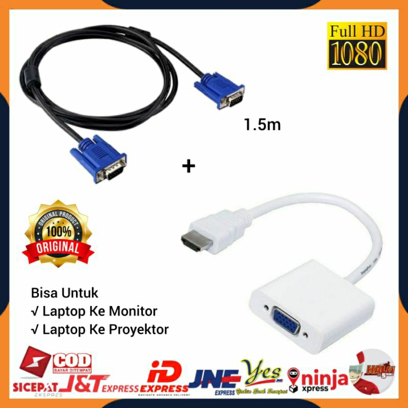 Jual [COD] KABEL VGA DIGITAL MALE TO MALE 1.5 METER + KONEKTOR ADAPTER HDMI MALE TO VGA FEMALE ...
