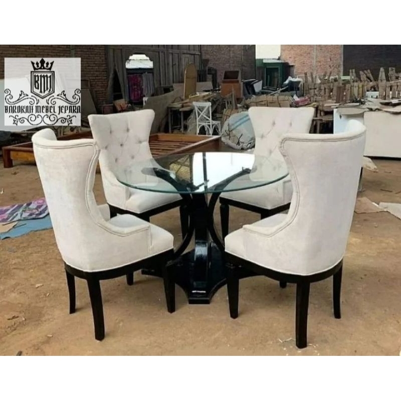 Jual meja makan mewah 4 kursi meja bulat kaca tebal | Shopee Indonesia
