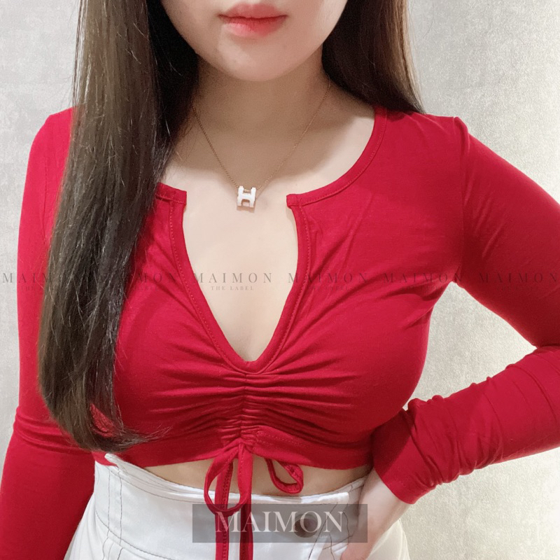 Jual V Neck Crop Top Lengan Panjang Tali Serut Baju Wanita Korean