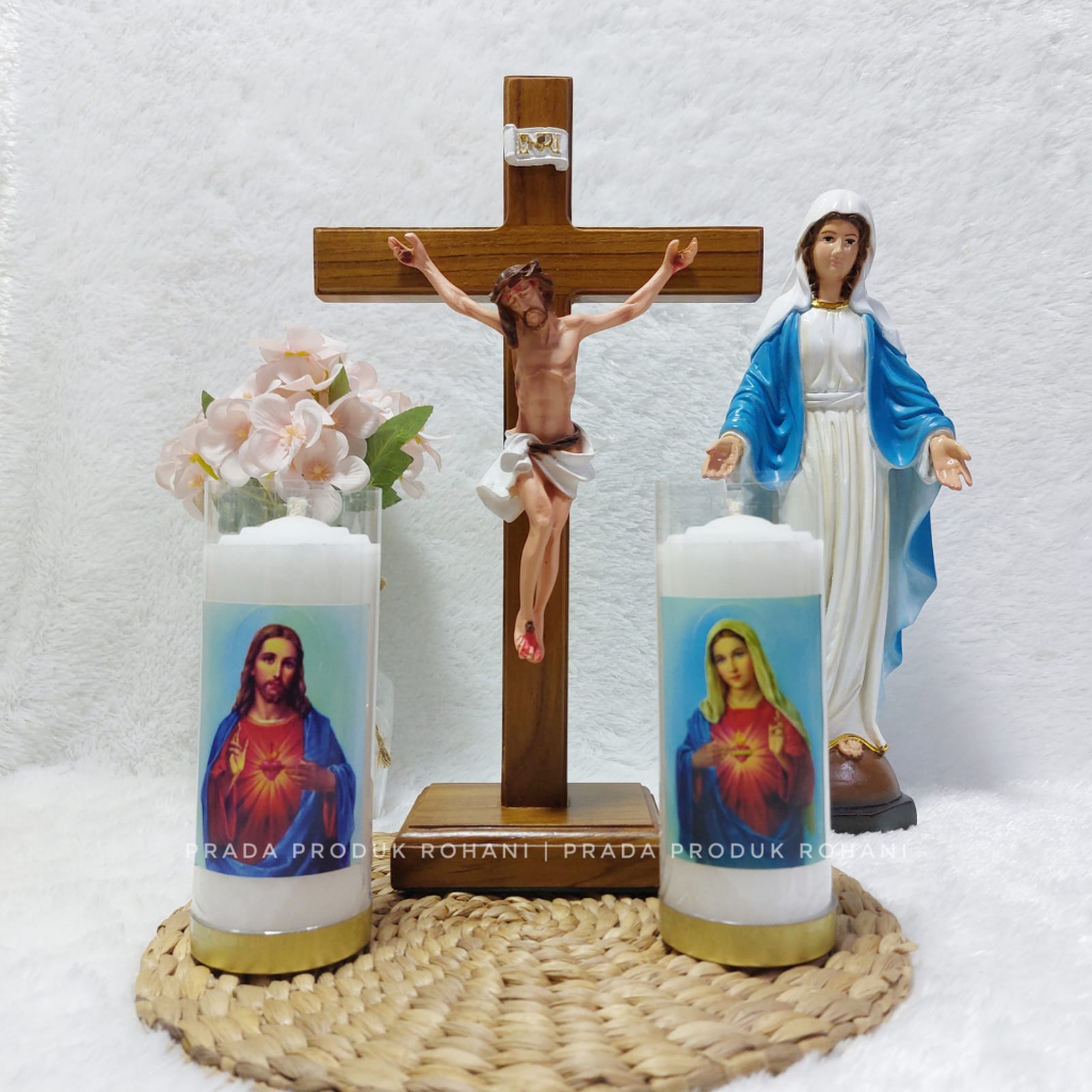 Jual Patung Bunda Maria 30cm/Salib duduk kayu 30cm/Lilin doa 11cm/Set ...