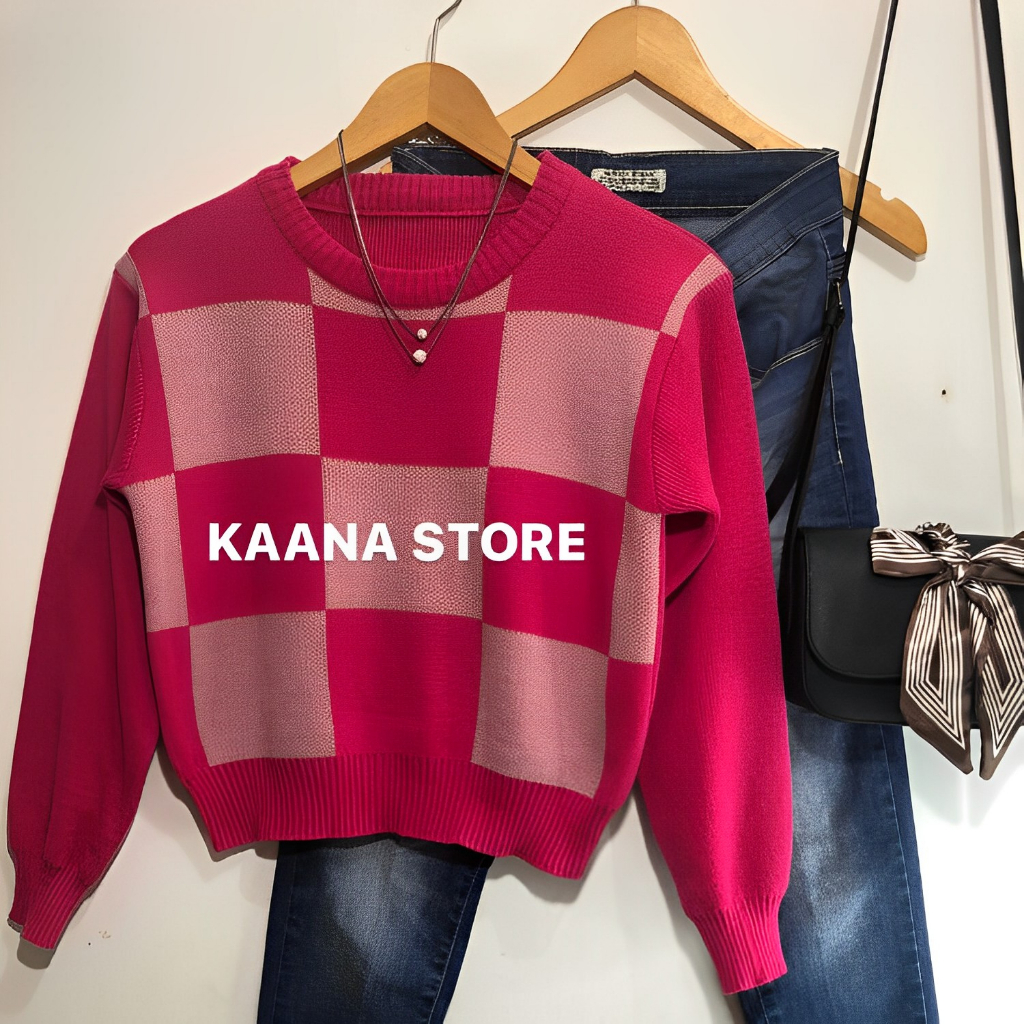 Jual Crop top rajut lengan panjang wanita korea sweater atasan-yikoo/ KOTAK KOTAK SWEATER RAJUT ...