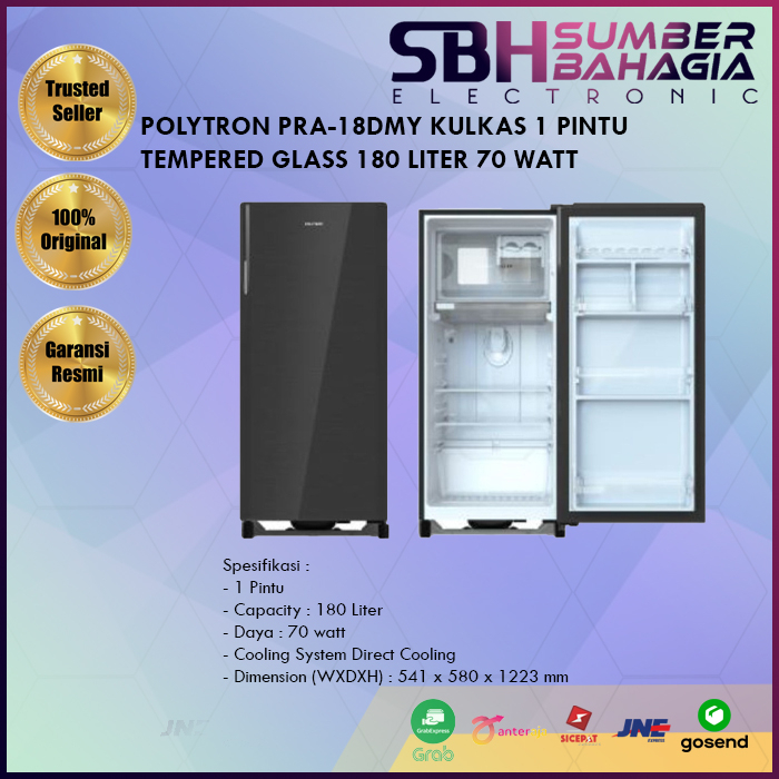 Jual POLYTRON PRA-18DMY KULKAS 1 PINTU TEMPERED GLASS 180 LITER 70 WATT ...