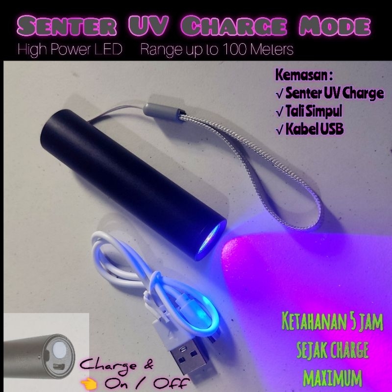 Jual Senter Ultra Violet UV High Power Charge Model 365nm 395nm ...
