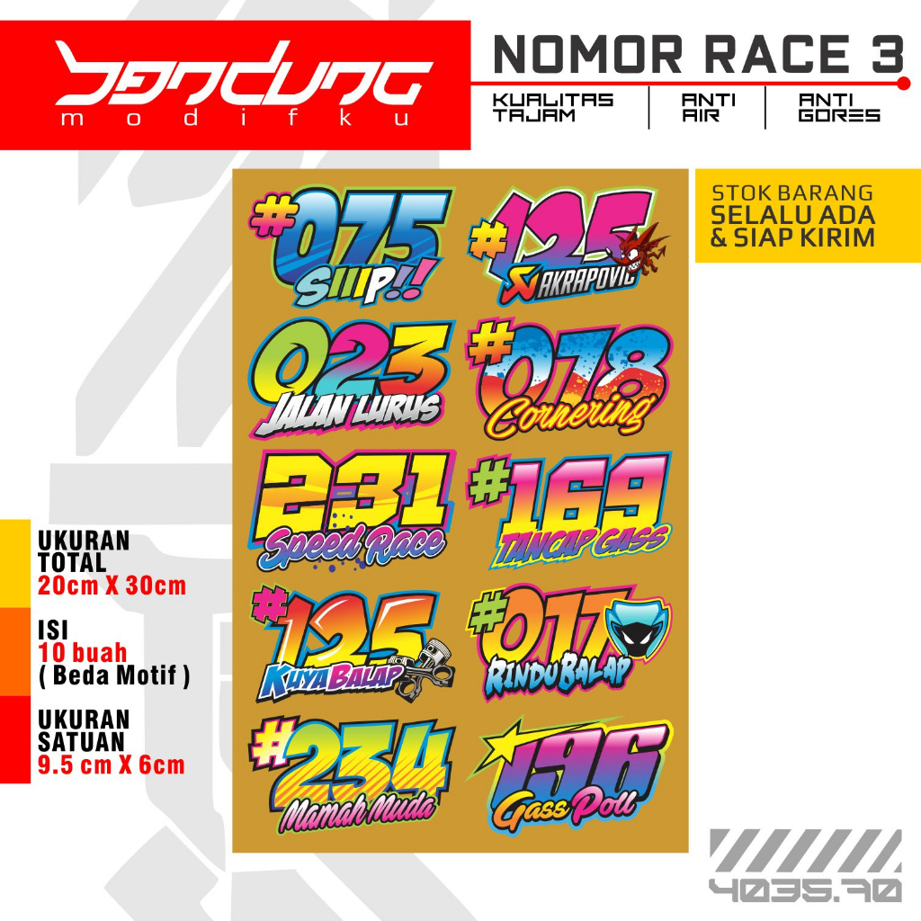 Jual Stiker Decal Set / Pack1Set Isi 10 Motif nomor Race 3 | Shopee ...