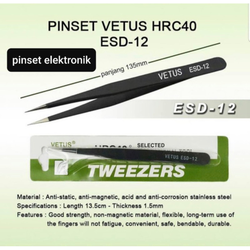 Jual Pinset/Tweezer Vetus HRC40 ESD-12 Warna Hitam panjang 135mm ...