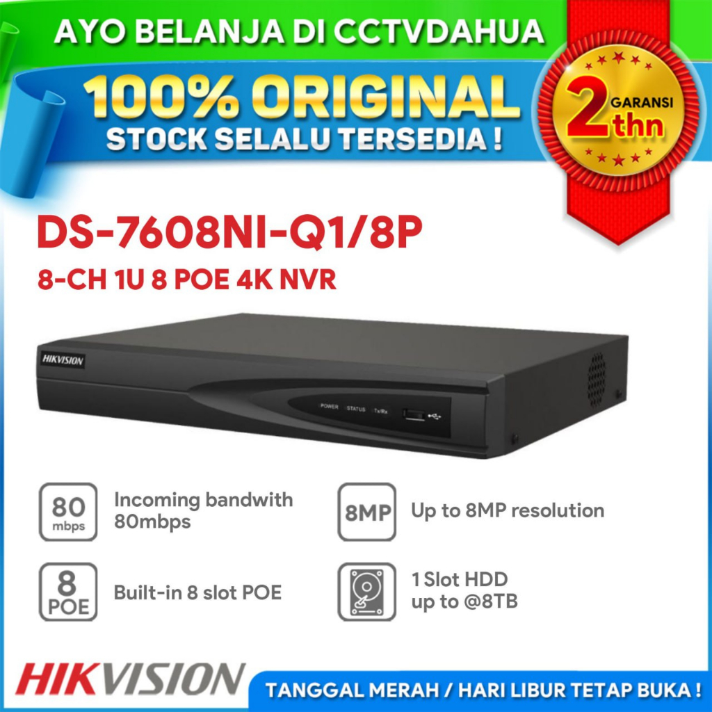 Jual HIKVISION DS-7608NI-Q1/8P NVR 8 CH 1U 4K 8 PORT POE BERGARANSI RESMI | Shopee Indonesia