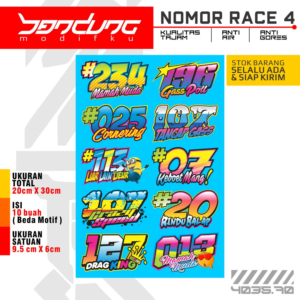 Jual Stiker Decal Set / Pack1Set Isi 10 Motif nomor Race 4 | Shopee ...