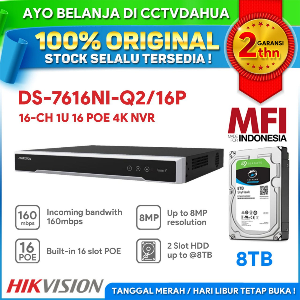 Jual HIKVISION DS-7616NI-Q2/16P NVR 16 CHANNEL 1U 4K 16 PORT POE 2 SLOT HDD | Shopee Indonesia