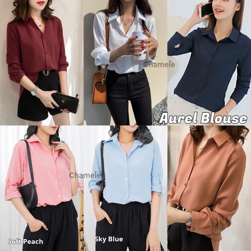 Jual Kemeja Wanita Aurel Polos Basic Lengan Panjang (Ada Size Jumbo) | Shopee Indonesia