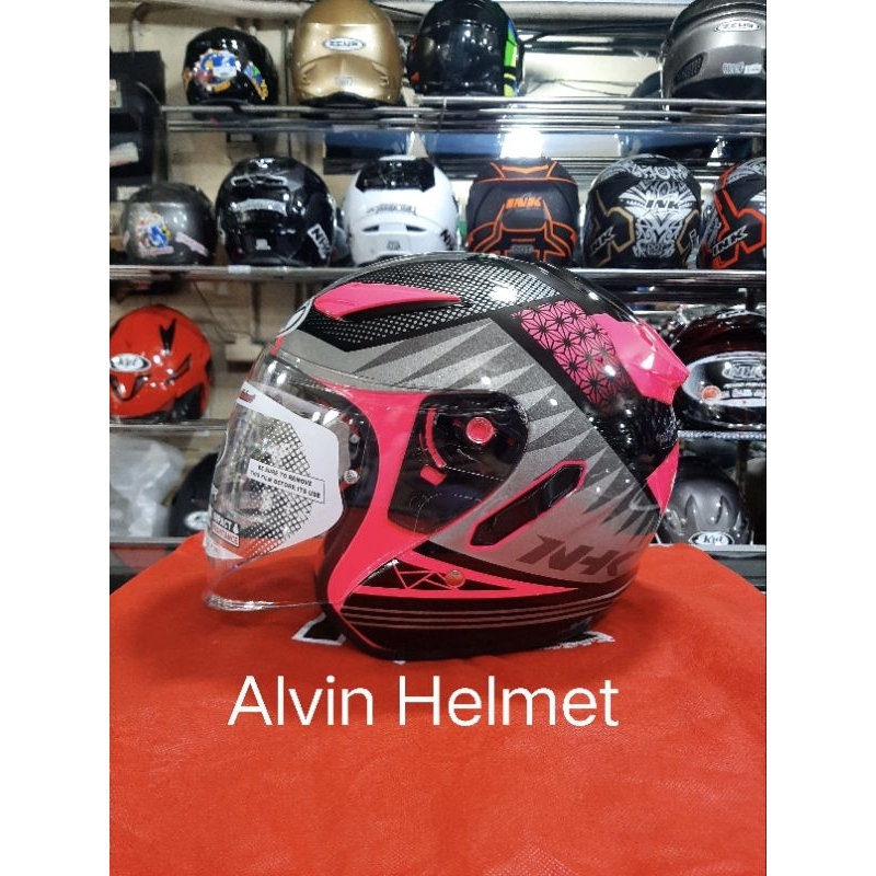 Jual helm half face nhk r1 motif SE bizare pink fluo / helm nhk double ...
