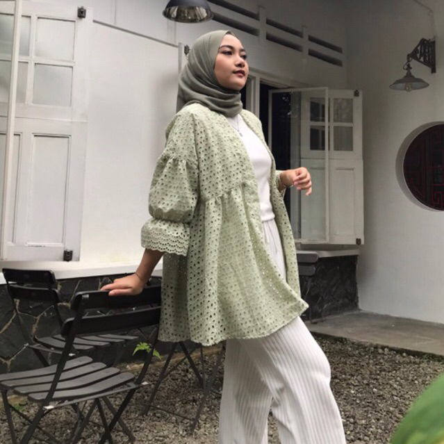 Jual NARI HIJAB Eunjoo Outer SAGE BW Blouse Katun Bordir Outer Cardigan ...