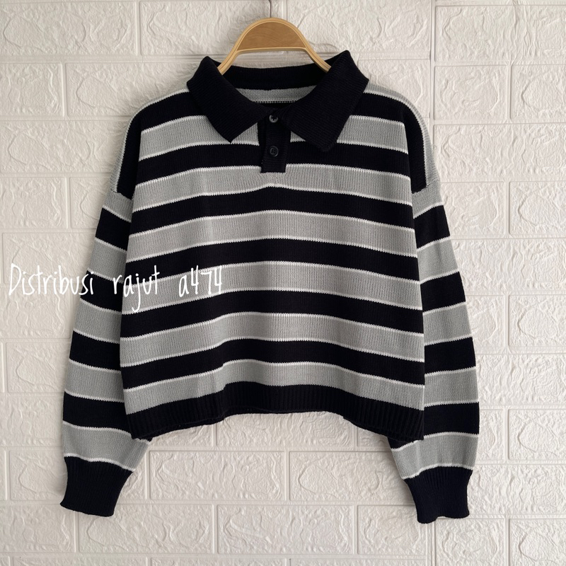 Jual PEPONI Sweater Rajut Oversize Kerah Polo Kancing Stripe Premium ...