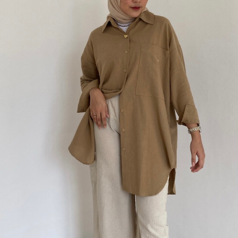 Jual KEMEJA TUNIK LINEN KANTONG SATU | Shopee Indonesia