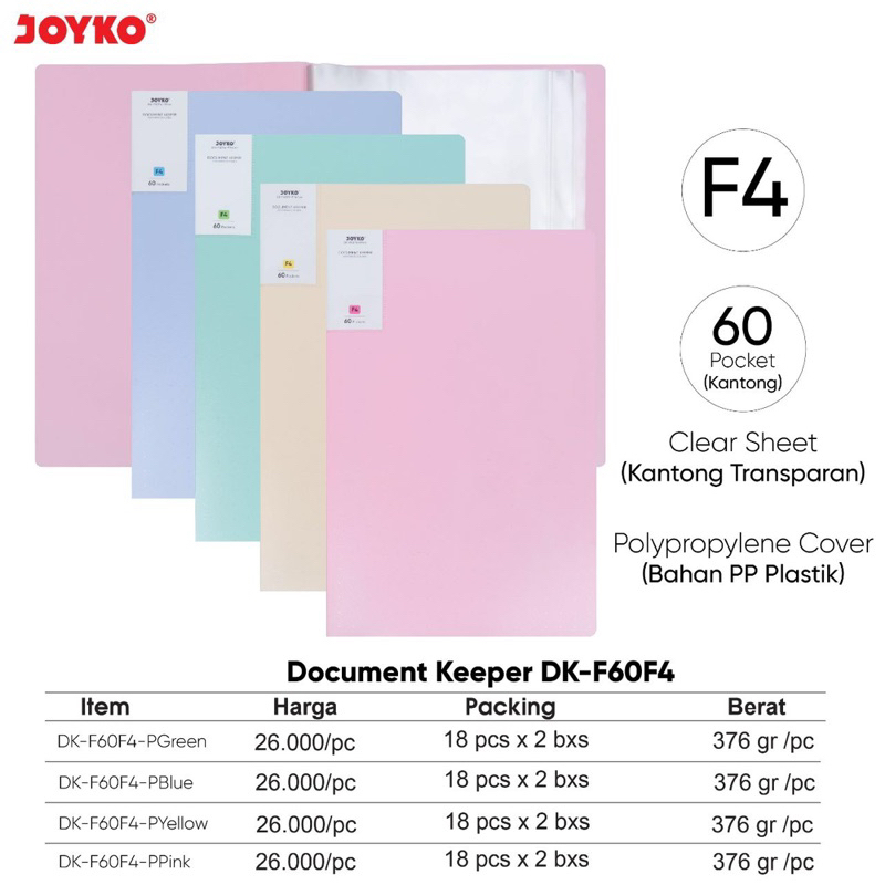 Jual Document Keeper 60 bags / Clear Holder / Map kantong warna Pastel DK-F60F4 DK-E60A4 Folio ...