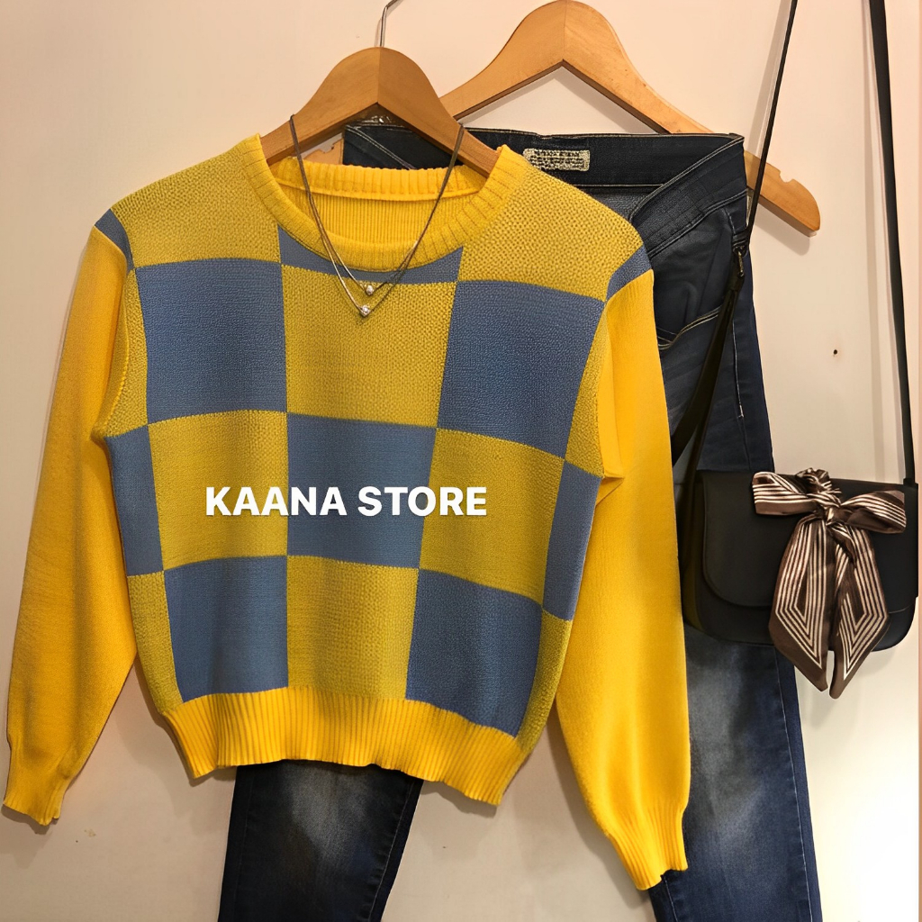 Jual Crop top rajut lengan panjang wanita korea sweater atasan-yikoo/ KOTAK KOTAK SWEATER RAJUT ...