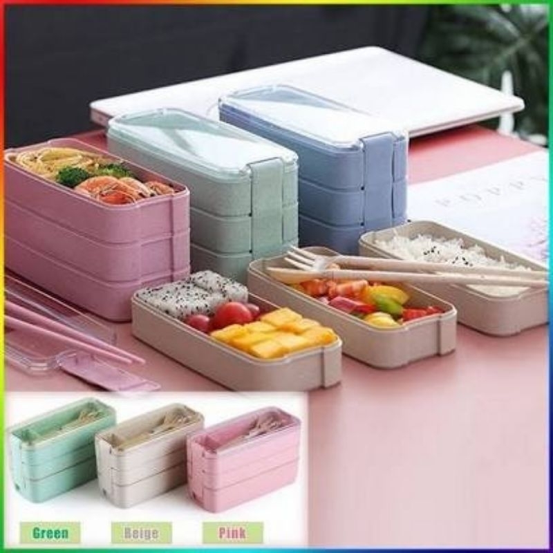 Jual kotak makan lunch box 3 tingkat jerami gandum | Shopee Indonesia