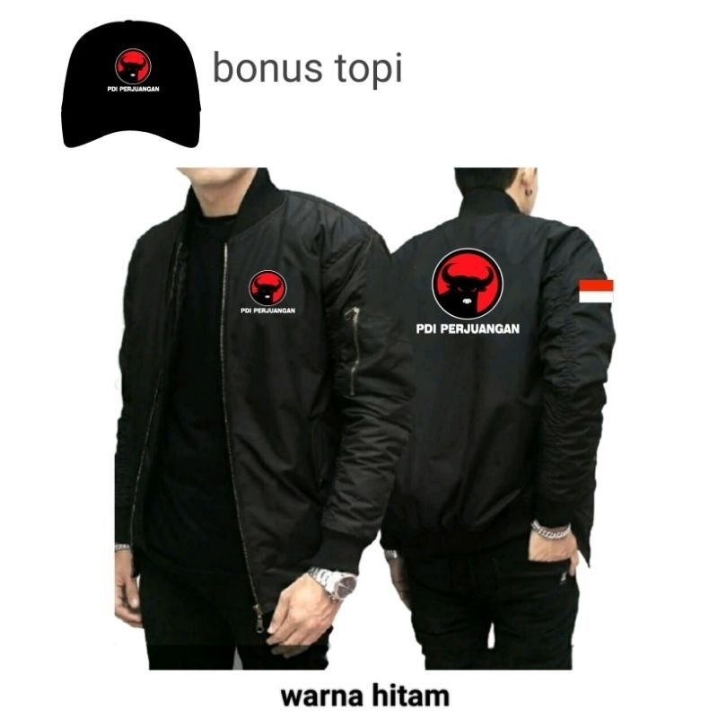 Jual JAKET BOMBER HITAM PARTAI PDIP TERBARU/FREE TOPI COCOK UNTUK PRIA ...