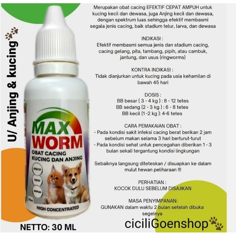 Jual MAX WORM OBAT CACING ANJING KUCING SPEKTRUM LUAS DROP 30 ML AMPUH ...