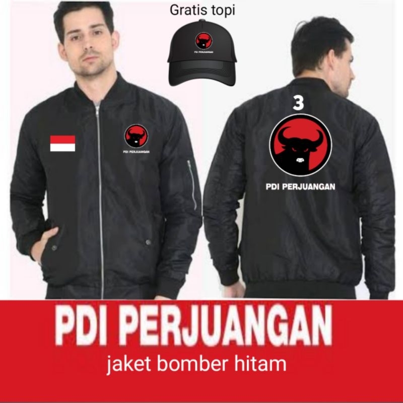 Jual jaket bomber hitam partai PDI perjuangan sablon + free topi ...