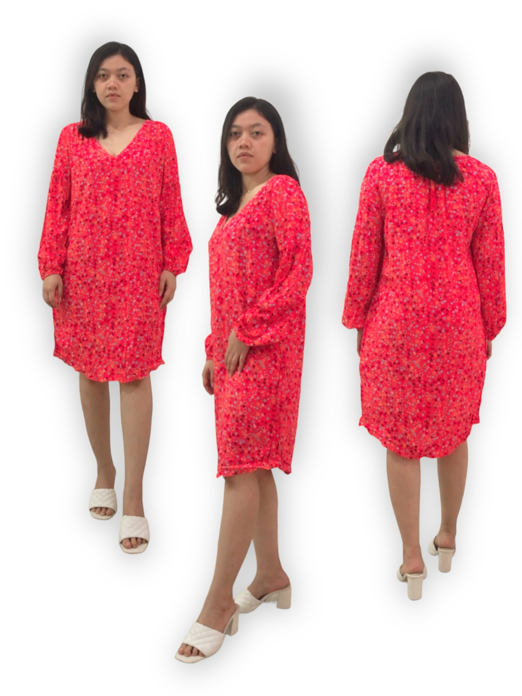 Jual DRESS LENGAN PANJANG KERAH V.NECK MERAH MOTIF BUNGA D86 | Shopee ...